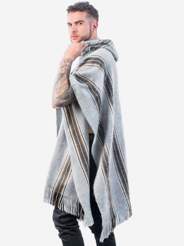 INTI ALPACA Men's Hooded Poncho - Winter Cape in Gray Alpaca Wool ...