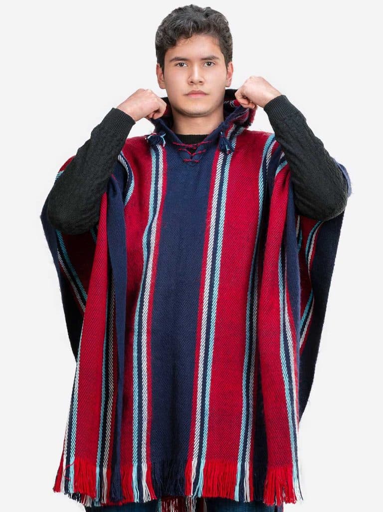 INTI ALPACA Navy Blue and Red Hooded Poncho for Men - Cloak Cape ...
