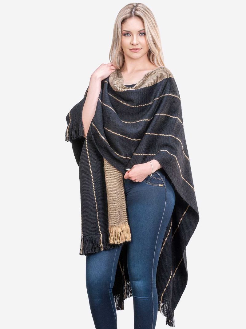 INTI ALPACA Womens Ruana Poncho in Black and Beige Wool - Alpaca Wrap ...