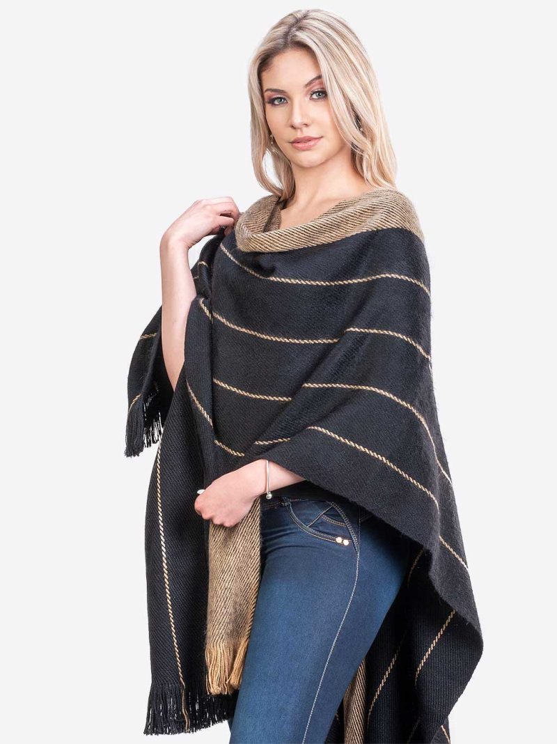 INTI ALPACA Womens Ruana Poncho in Black and Beige Wool - Alpaca Wrap ...