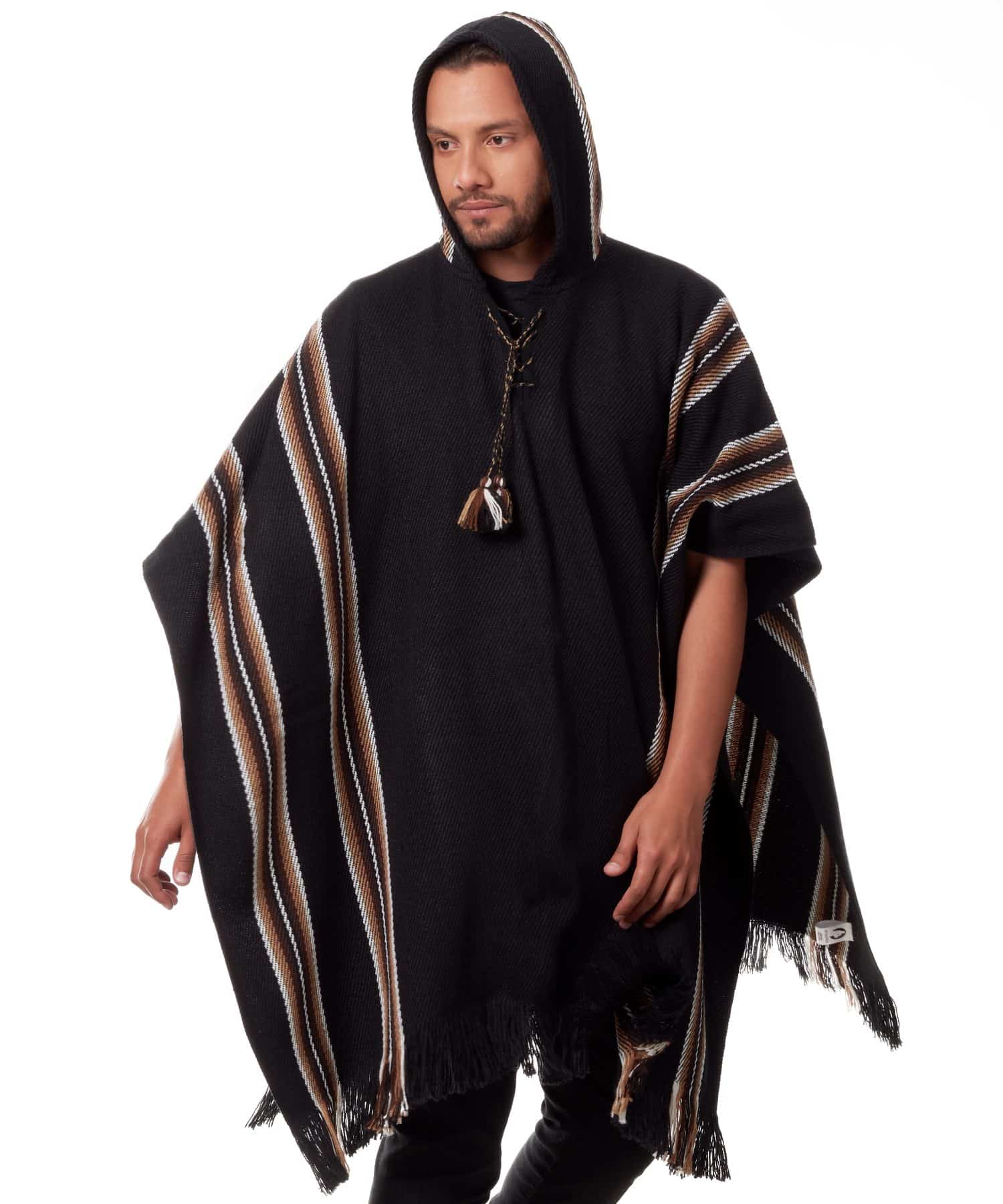 INTI ALPACA Men's Hooded Cloak Cape Poncho Knitted in Peru with Black ...