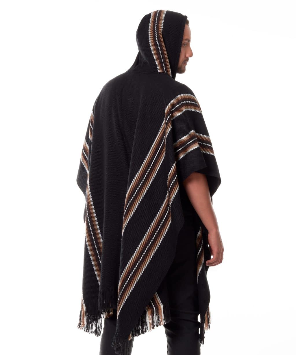 INTI ALPACA Men's Hooded Cloak Cape Poncho Knitted in Peru with Black ...