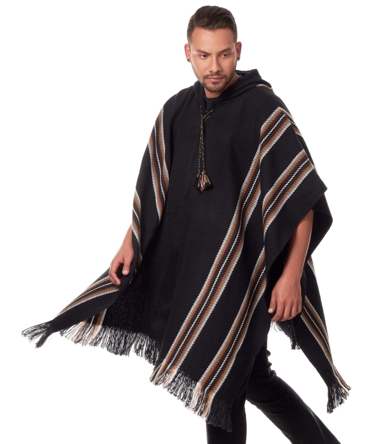 INTI ALPACA Men's Hooded Cloak Cape Poncho Knitted in Peru with Black ...